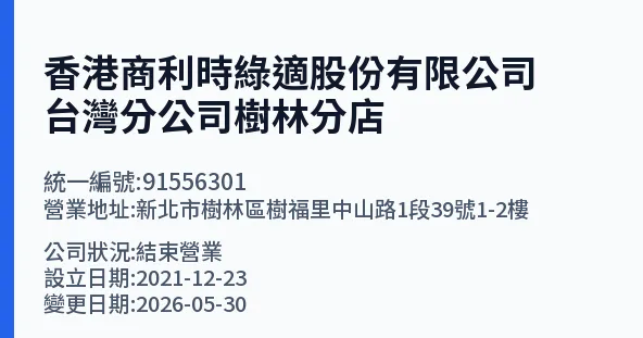 香港商利時綠適股份有限公司台灣分公司樹林分店的照片-統編 91556301(新北市) 公司登記資料與營業項目詳細圖表