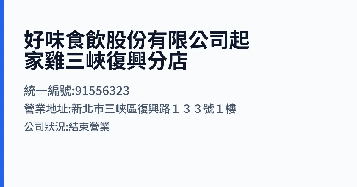 好味食飲股份有限公司起家雞三峽復興分店 - 統編 91556323(新北市) 公司登記資料與營業項目詳細圖表