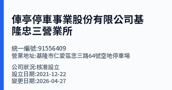 俥亭停車事業股份有限公司基隆忠三營業所的照片-統編 91556409(基隆市) 公司登記資料與營業項目詳細圖表