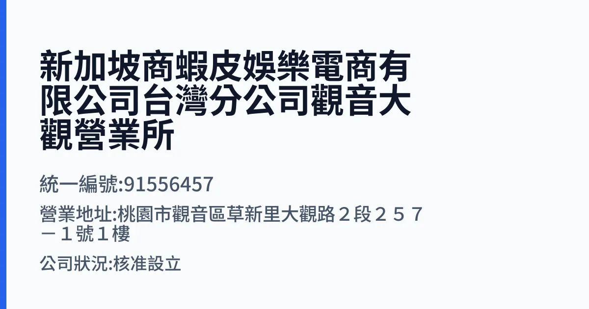 新加坡商蝦皮娛樂電商有限公司台灣分公司觀音大觀營業所 - 統編 91556457(桃園市) 公司登記資料與營業項目詳細圖表