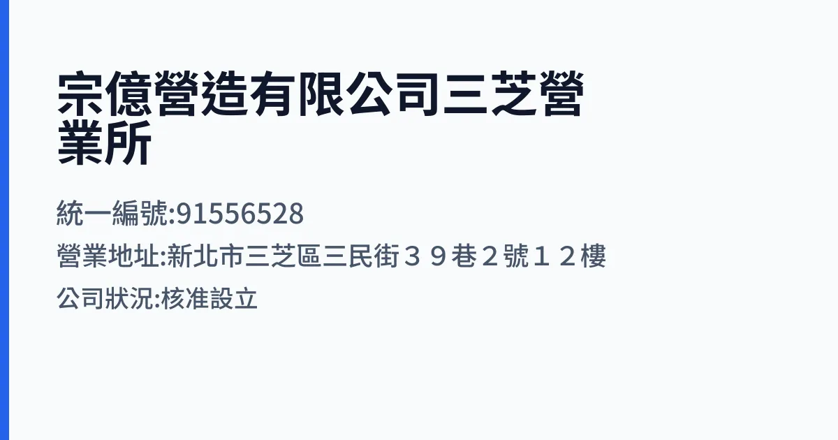 宗億營造有限公司三芝營業所 - 統編 91556528(新北市) 公司登記資料與營業項目詳細圖表