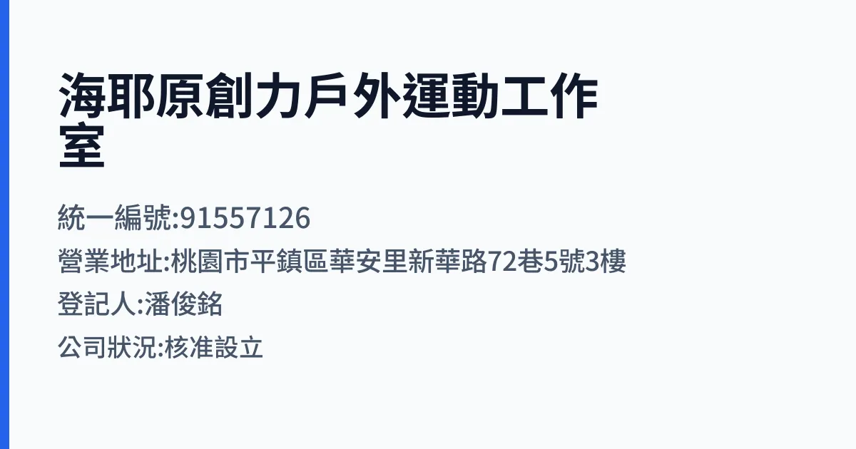 海耶原創力戶外運動工作室 - 統編 91557126(桃園市) 公司登記資料與營業項目詳細圖表