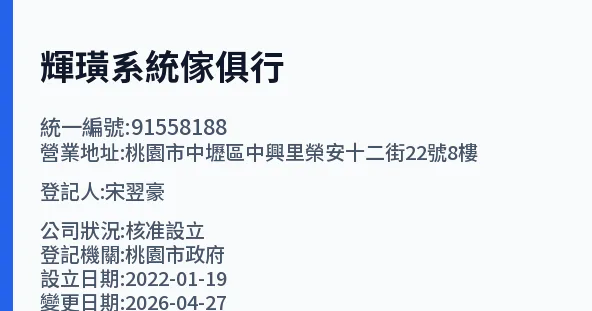 輝璜系統傢俱行的照片-統編 91558188(桃園市) 公司登記資料與營業項目詳細圖表