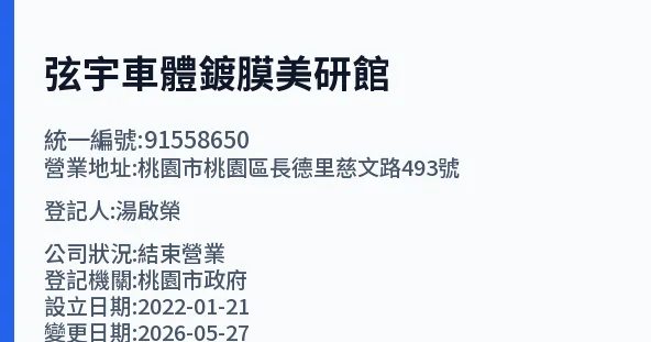 弦宇車體鍍膜美研館的照片-統編 91558650(桃園市) 公司登記資料與營業項目詳細圖表