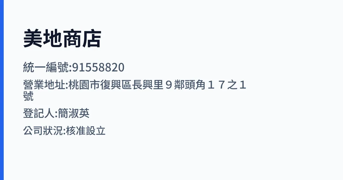 美地商店 - 統編 91558820(桃園市) 公司登記資料與營業項目詳細圖表