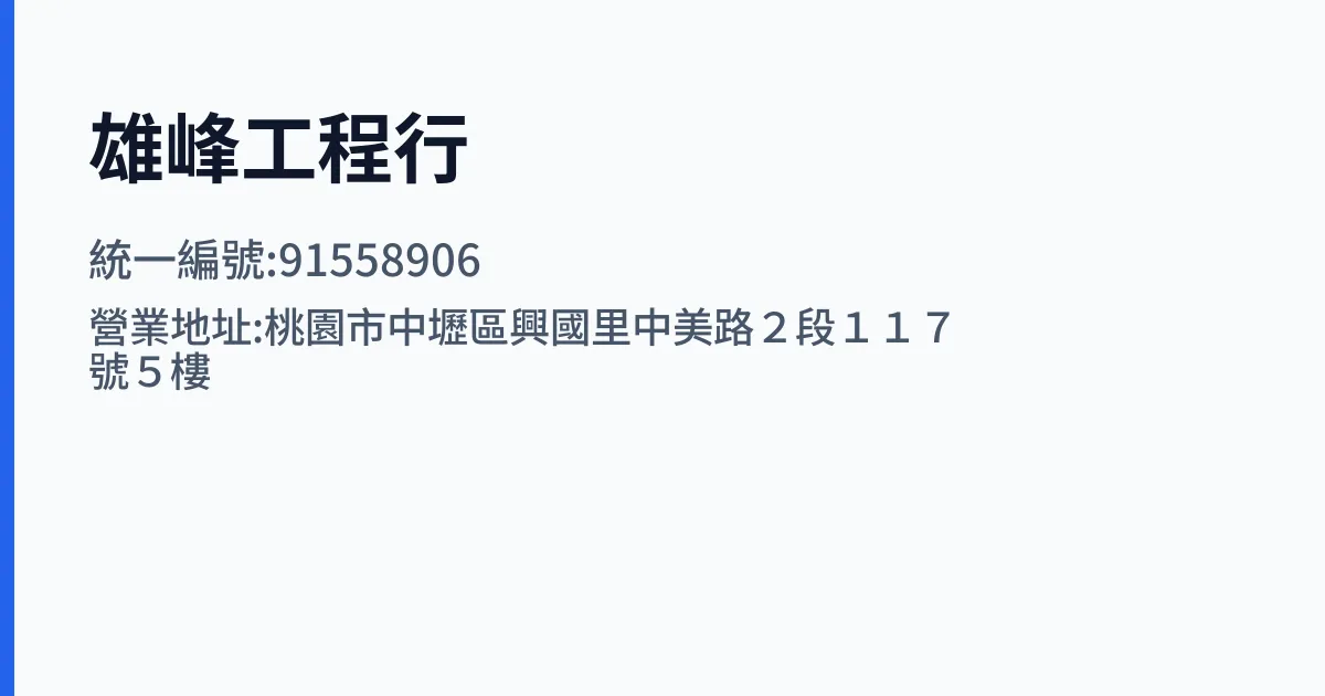 雄峰工程行 - 統編 91558906(桃園市) 公司登記資料與營業項目詳細圖表