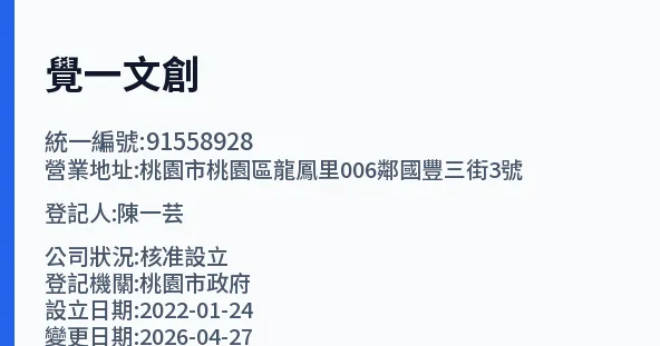 覺一文創的照片-統編 91558928(桃園市) 公司登記資料與營業項目詳細圖表