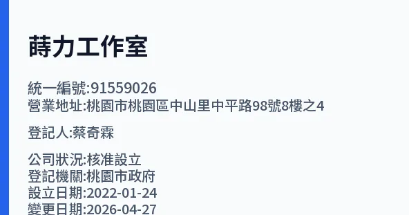 蒔力工作室的照片-統編 91559026(桃園市) 公司登記資料與營業項目詳細圖表