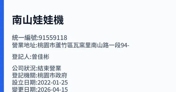 南山娃娃機的照片-統編 91559118(桃園市) 公司登記資料與營業項目詳細圖表