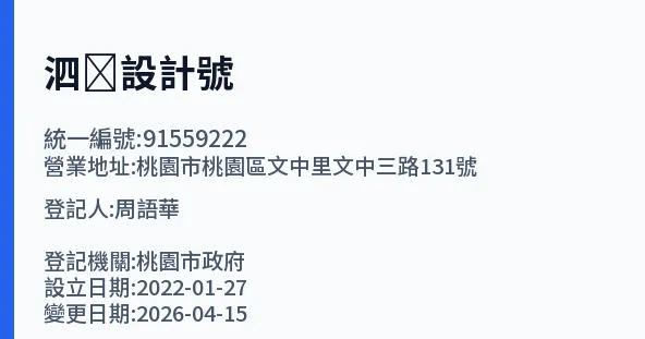 泗鏁設計號的照片-統編 91559222(桃園市) 公司登記資料與營業項目詳細圖表