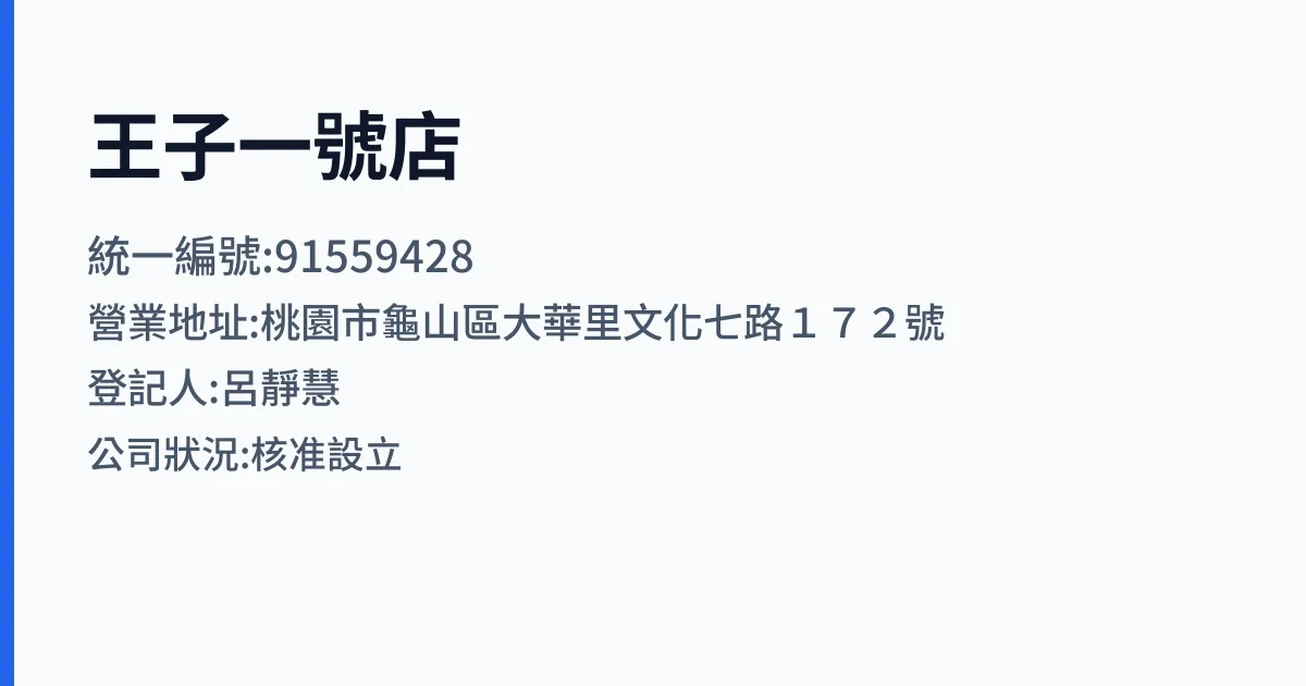 王子一號店 - 統編 91559428(桃園市) 公司登記資料與營業項目詳細圖表
