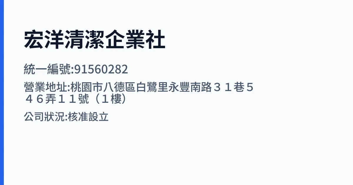 宏洋清潔企業社 - 統編 91560282(桃園市) 公司登記資料與營業項目詳細圖表