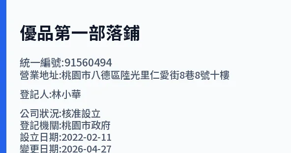 優品第一部落鋪的照片-統編 91560494(桃園市) 公司登記資料與營業項目詳細圖表