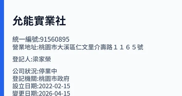 允能實業社的照片-統編 91560895(桃園市) 公司登記資料與營業項目詳細圖表