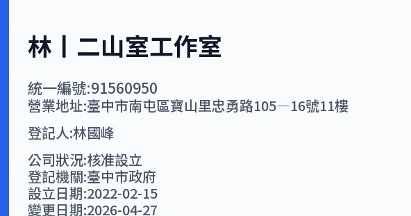 林丨二山室工作室的照片-統編 91560950(臺中市) 公司登記資料與營業項目詳細圖表