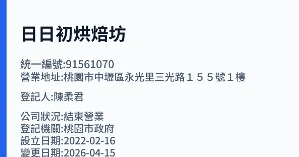 日日初烘焙坊的照片-統編 91561070(桃園市) 公司登記資料與營業項目詳細圖表
