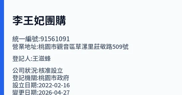 李王妃團購的照片-統編 91561091(桃園市) 公司登記資料與營業項目詳細圖表