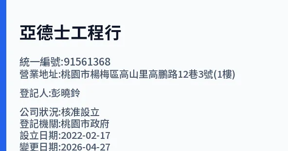 亞德士工程行的照片-統編 91561368(桃園市) 公司登記資料與營業項目詳細圖表