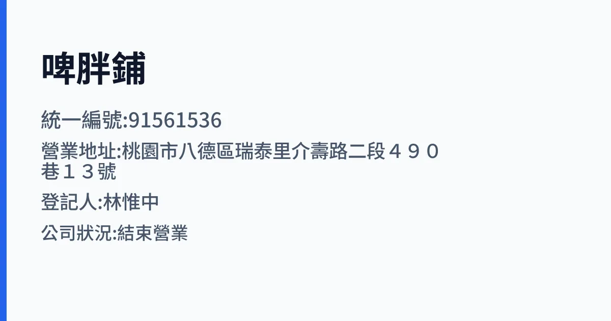 啤胖鋪 - 統編 91561536(桃園市) 公司登記資料與營業項目詳細圖表