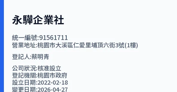 永驊企業社的照片-統編 91561711(桃園市) 公司登記資料與營業項目詳細圖表