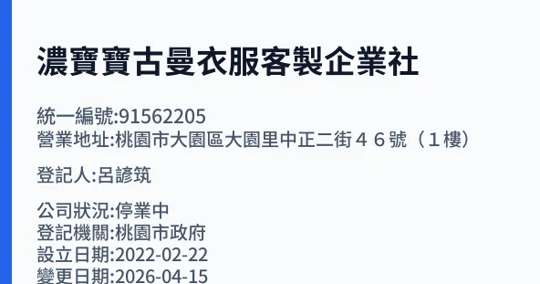 濃寶寶古曼衣服客製企業社的照片-統編 91562205(桃園市) 公司登記資料與營業項目詳細圖表