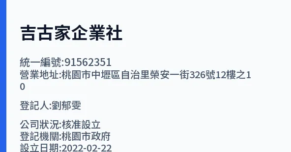 吉古家企業社的照片-統編 91562351(桃園市) 公司登記資料與營業項目詳細圖表