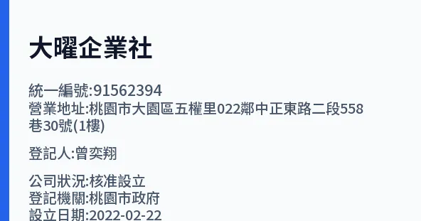 大曜企業社的照片-統編 91562394(桃園市) 公司登記資料與營業項目詳細圖表