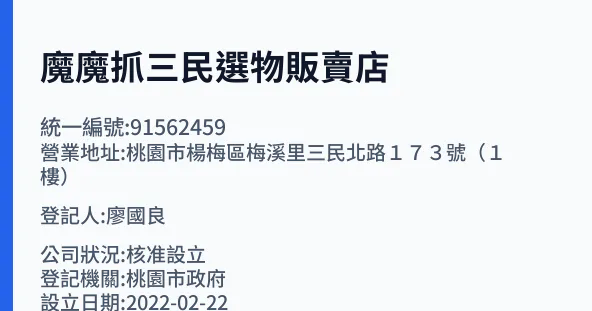 魔魔抓三民選物販賣店的照片-統編 91562459(桃園市) 公司登記資料與營業項目詳細圖表