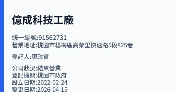 億成科技工廠的照片-統編 91562731(桃園市) 公司登記資料與營業項目詳細圖表
