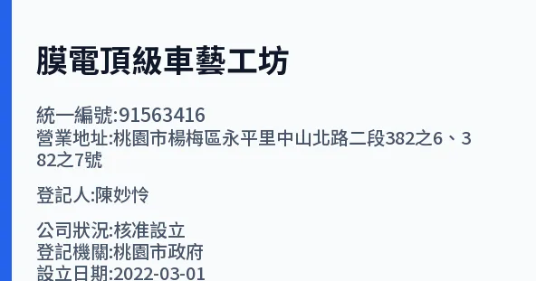 膜電頂級車藝工坊的照片-統編 91563416(桃園市) 公司登記資料與營業項目詳細圖表
