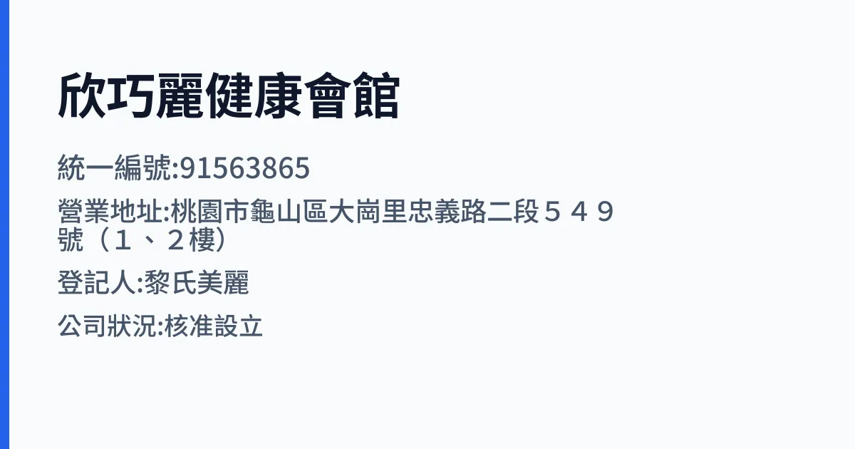 欣巧麗健康會館 - 統編 91563865(桃園市) 公司登記資料與營業項目詳細圖表