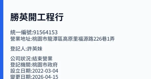 勝英開工程行的照片-統編 91564153(桃園市) 公司登記資料與營業項目詳細圖表