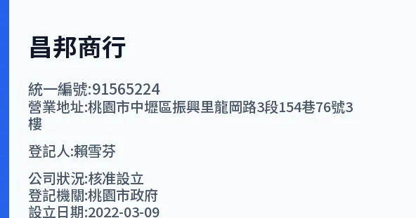 昌邦商行的照片-統編 91565224(桃園市) 公司登記資料與營業項目詳細圖表