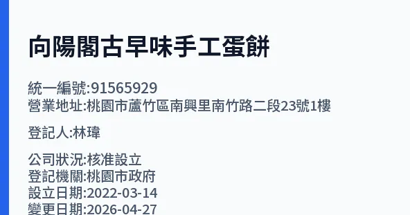 向陽閣古早味手工蛋餅的照片-統編 91565929(桃園市) 公司登記資料與營業項目詳細圖表