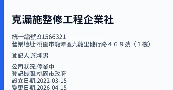 克漏施整修工程企業社的照片-統編 91566321(桃園市) 公司登記資料與營業項目詳細圖表
