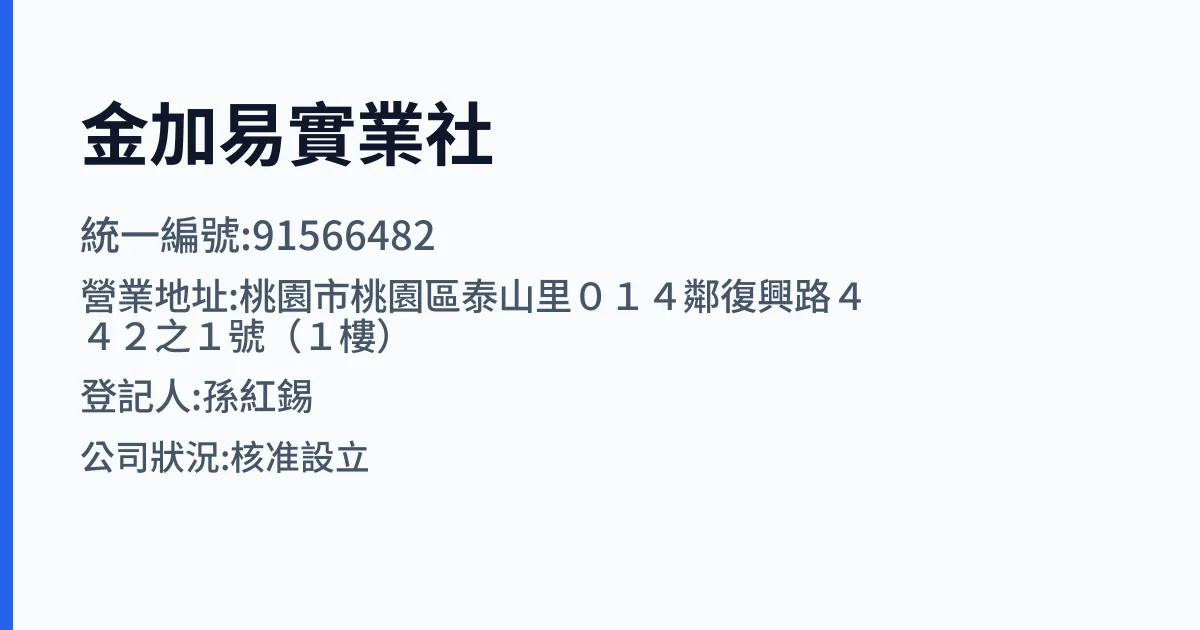 金加易實業社 - 統編 91566482（桃園市） 公司登記資料與營業項目詳細圖表