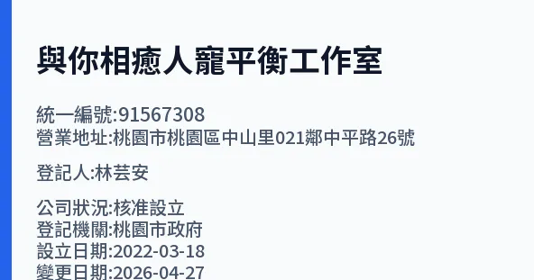 與你相癒人寵平衡工作室的照片-統編 91567308(桃園市) 公司登記資料與營業項目詳細圖表