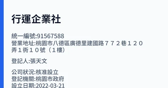 行運企業社的照片-統編 91567588(桃園市) 公司登記資料與營業項目詳細圖表