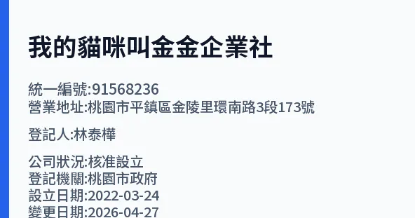 我的貓咪叫金金企業社的照片-統編 91568236(桃園市) 公司登記資料與營業項目詳細圖表