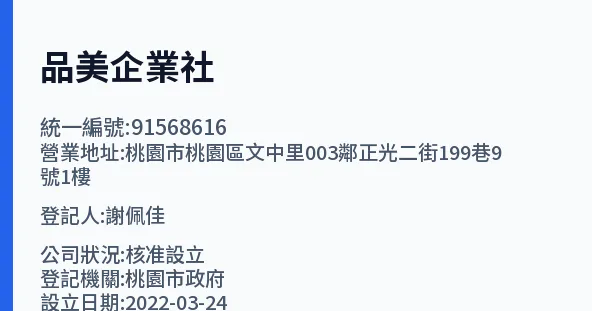 品美企業社的照片-統編 91568616(桃園市) 公司登記資料與營業項目詳細圖表