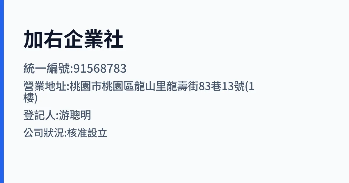 加右企業社 - 統編 91568783(桃園市) 公司登記資料與營業項目詳細圖表