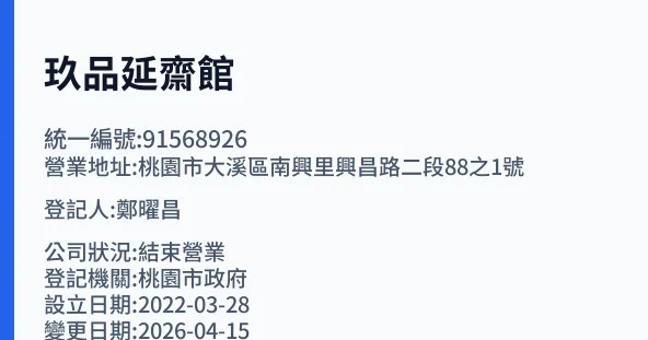 玖品延齋館的照片-統編 91568926(桃園市) 公司登記資料與營業項目詳細圖表