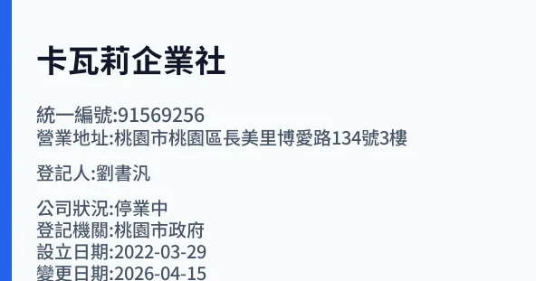 卡瓦莉企業社的照片-統編 91569256(桃園市) 公司登記資料與營業項目詳細圖表