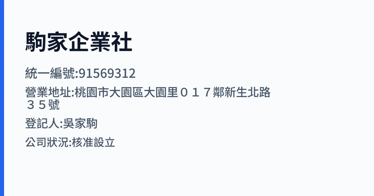駒家企業社 - 統編 91569312(桃園市) 公司登記資料與營業項目詳細圖表