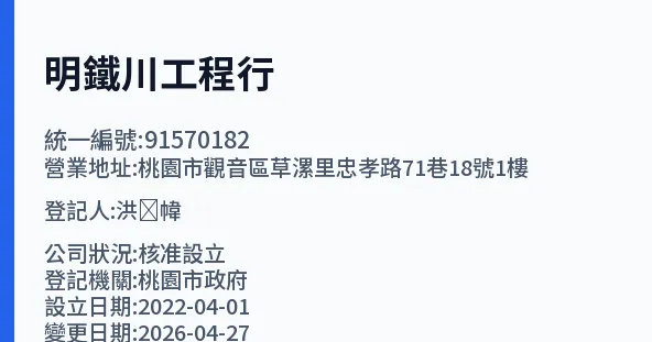 明鐵川工程行的照片-統編 91570182(桃園市) 公司登記資料與營業項目詳細圖表