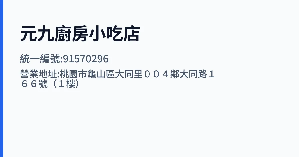 元九廚房小吃店 - 統編 91570296(桃園市) 公司登記資料與營業項目詳細圖表