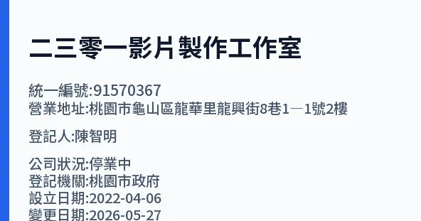 二三零一影片製作工作室的照片-統編 91570367(桃園市) 公司登記資料與營業項目詳細圖表
