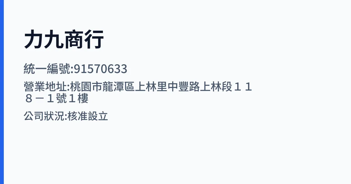 力九商行 - 統編 91570633(桃園市) 公司登記資料與營業項目詳細圖表
