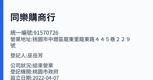 同樂購商行的照片-統編 91570726(桃園市) 公司登記資料與營業項目詳細圖表