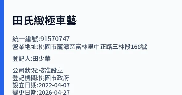 田氏緻極車藝的照片-統編 91570747(桃園市) 公司登記資料與營業項目詳細圖表